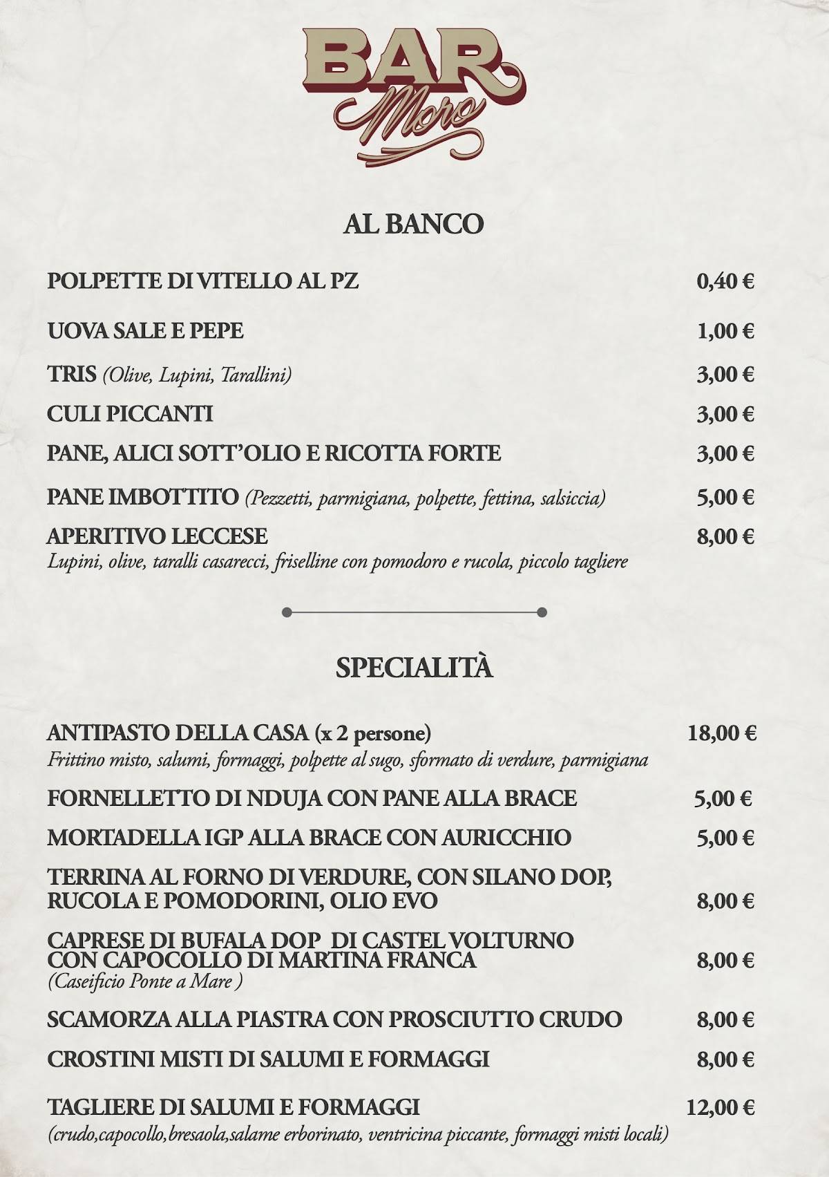 Menu da Bar Moro Obelisco - Vineria con cucina tipica leccese, Lecce