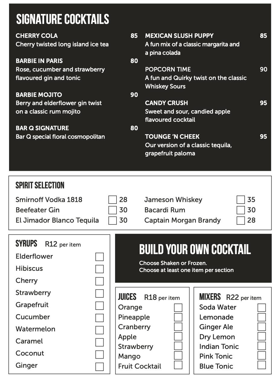 Menu at Bar Q Grill, Boksburg