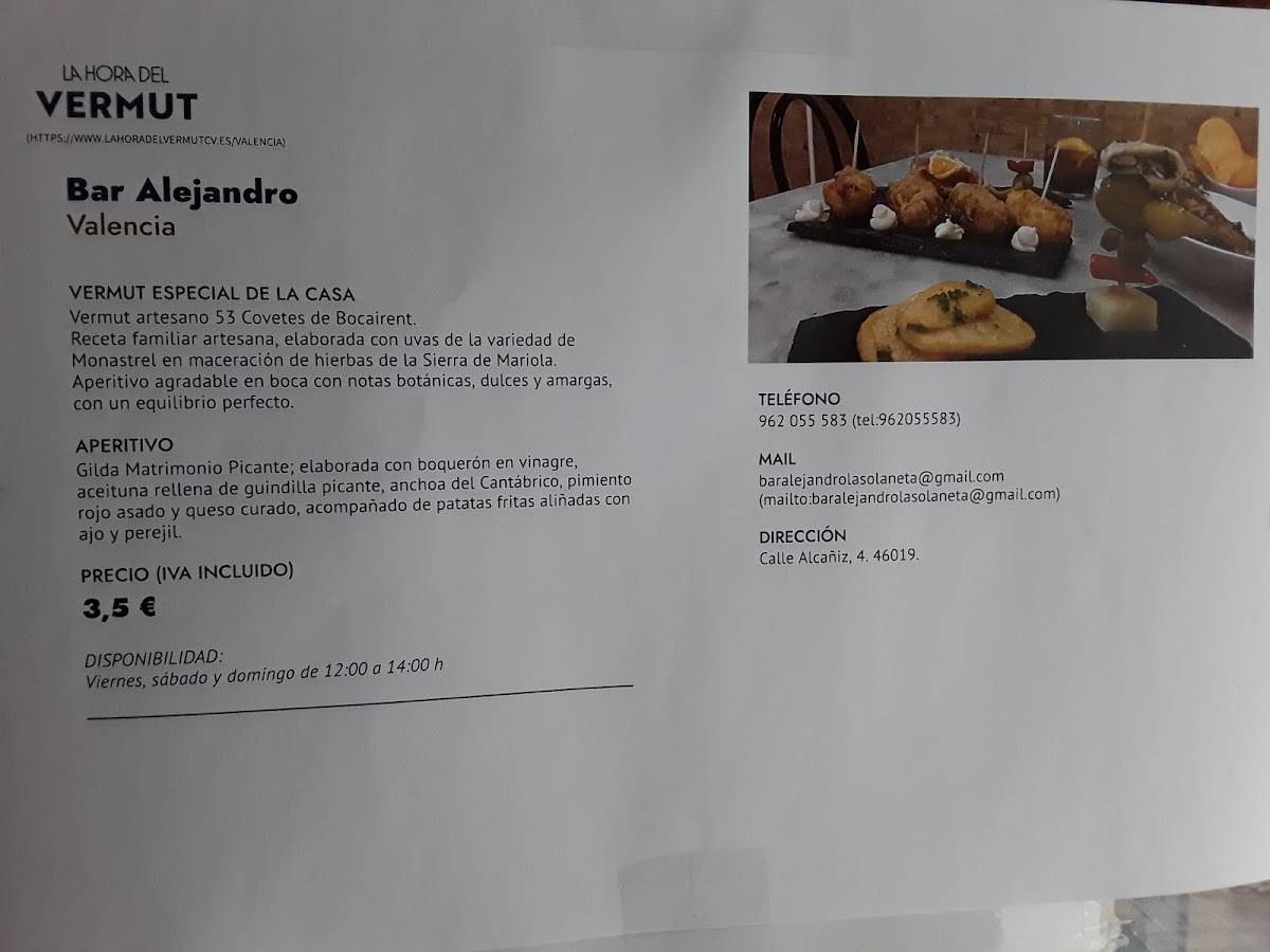 Menu at Alejandro Bar Restaurante, Valencia, C/ d'Alcanyís