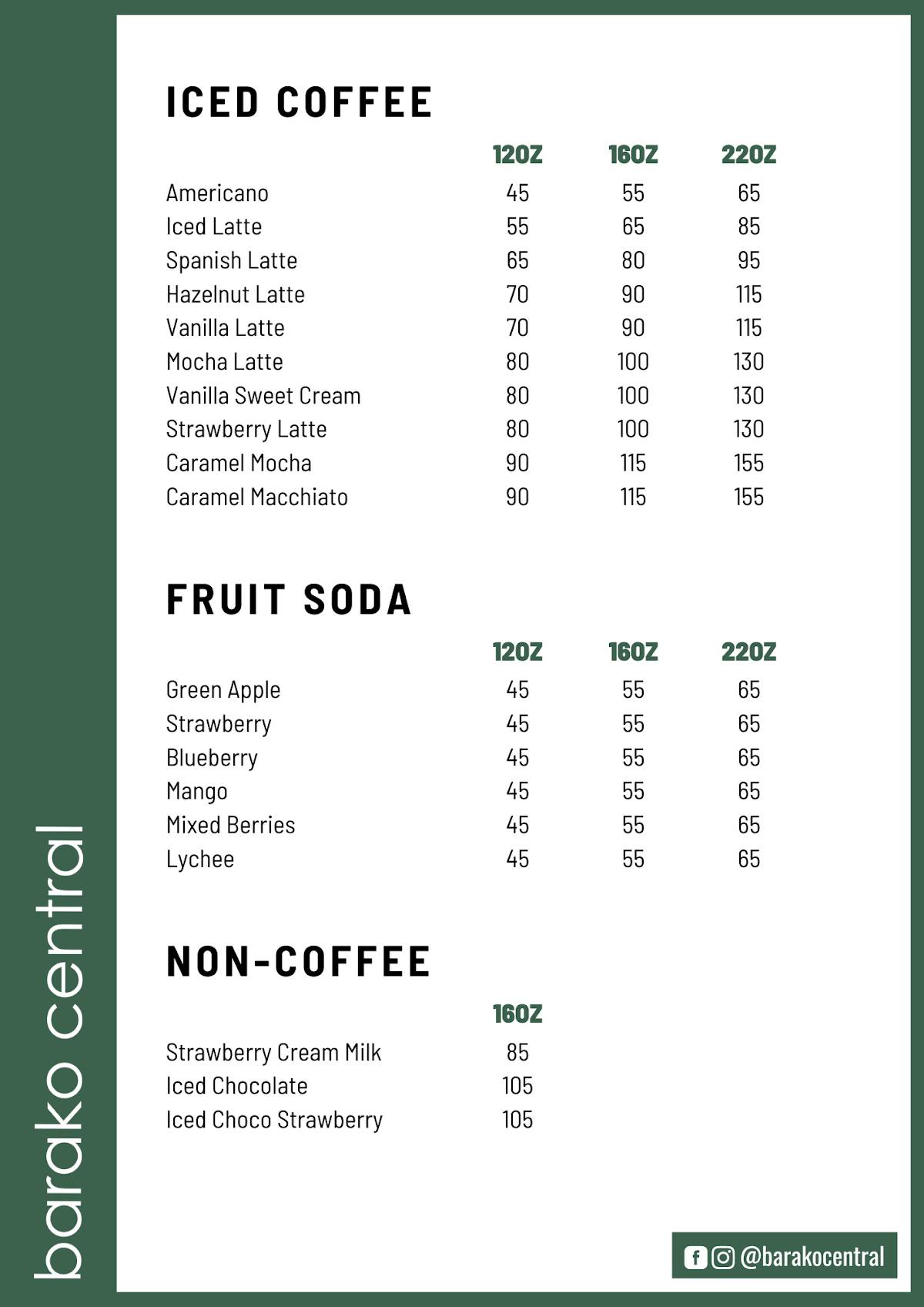 Menu at Barako Central, Lipa