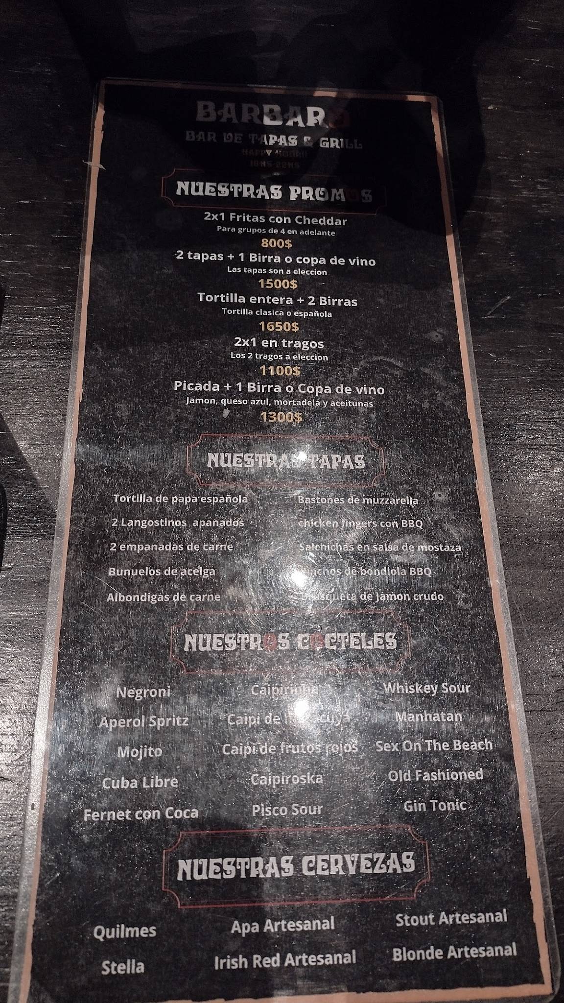 Carta de Barbaro - Bar de Tapas, Buenos Aires