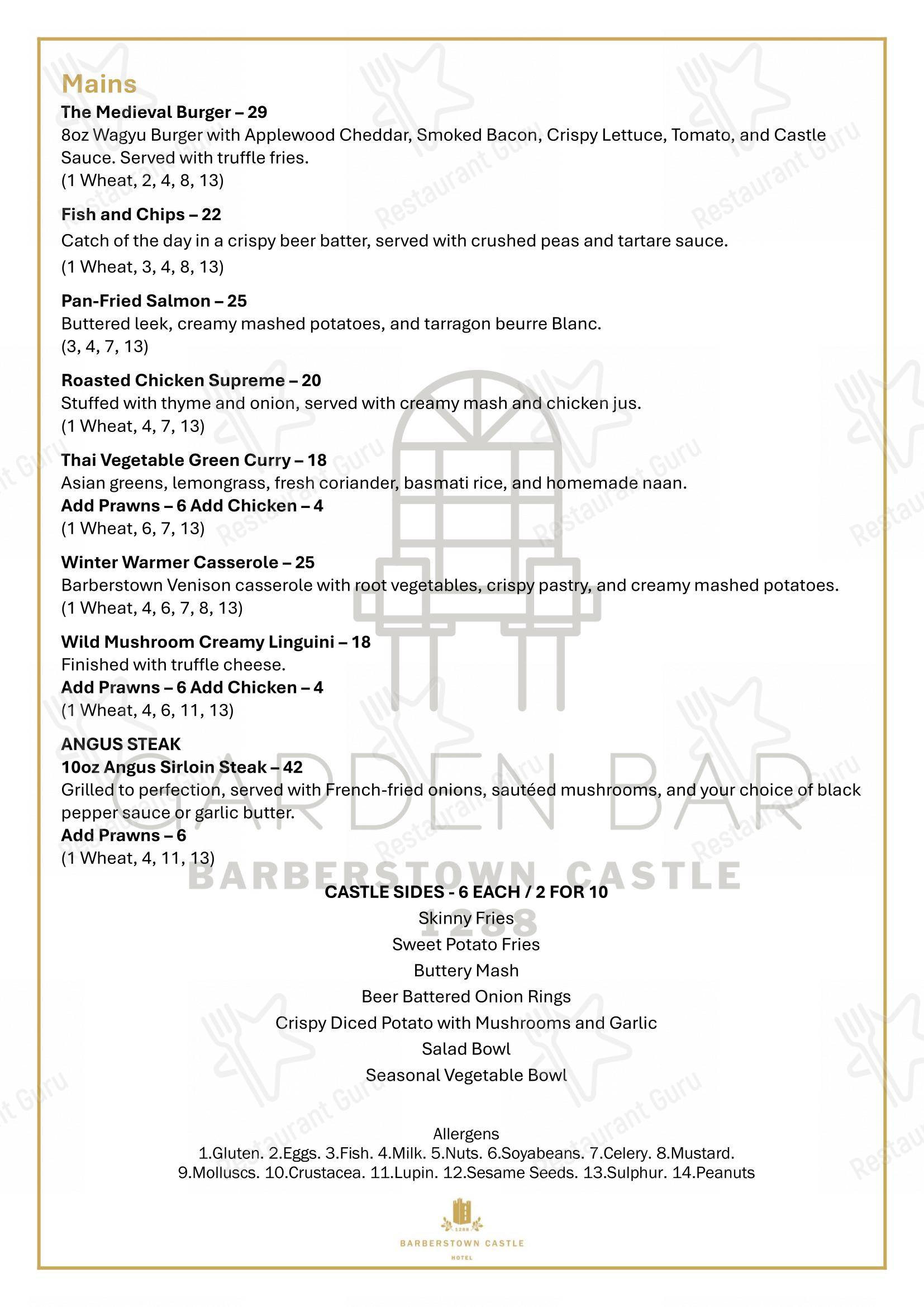 Menu at Barberstown Castle Hotel, Straffan