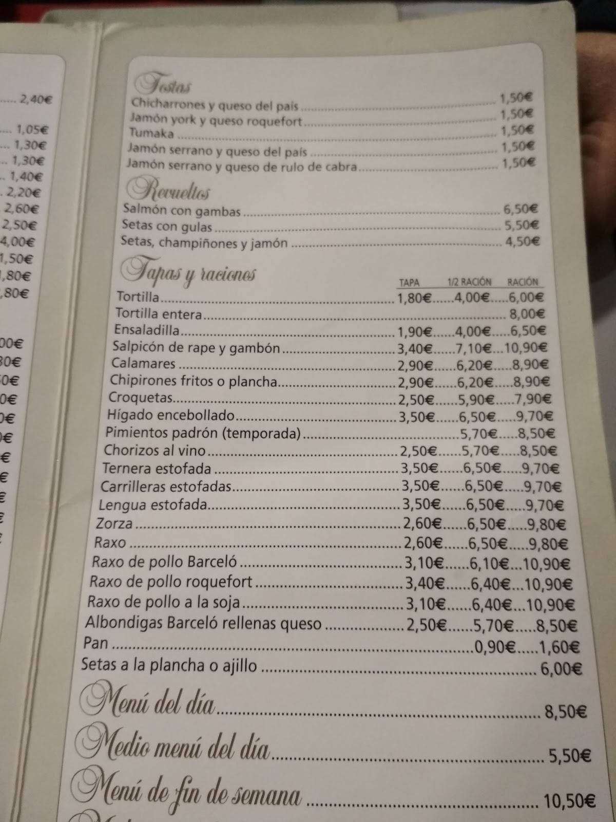 Menu at Barceló, A Coruña