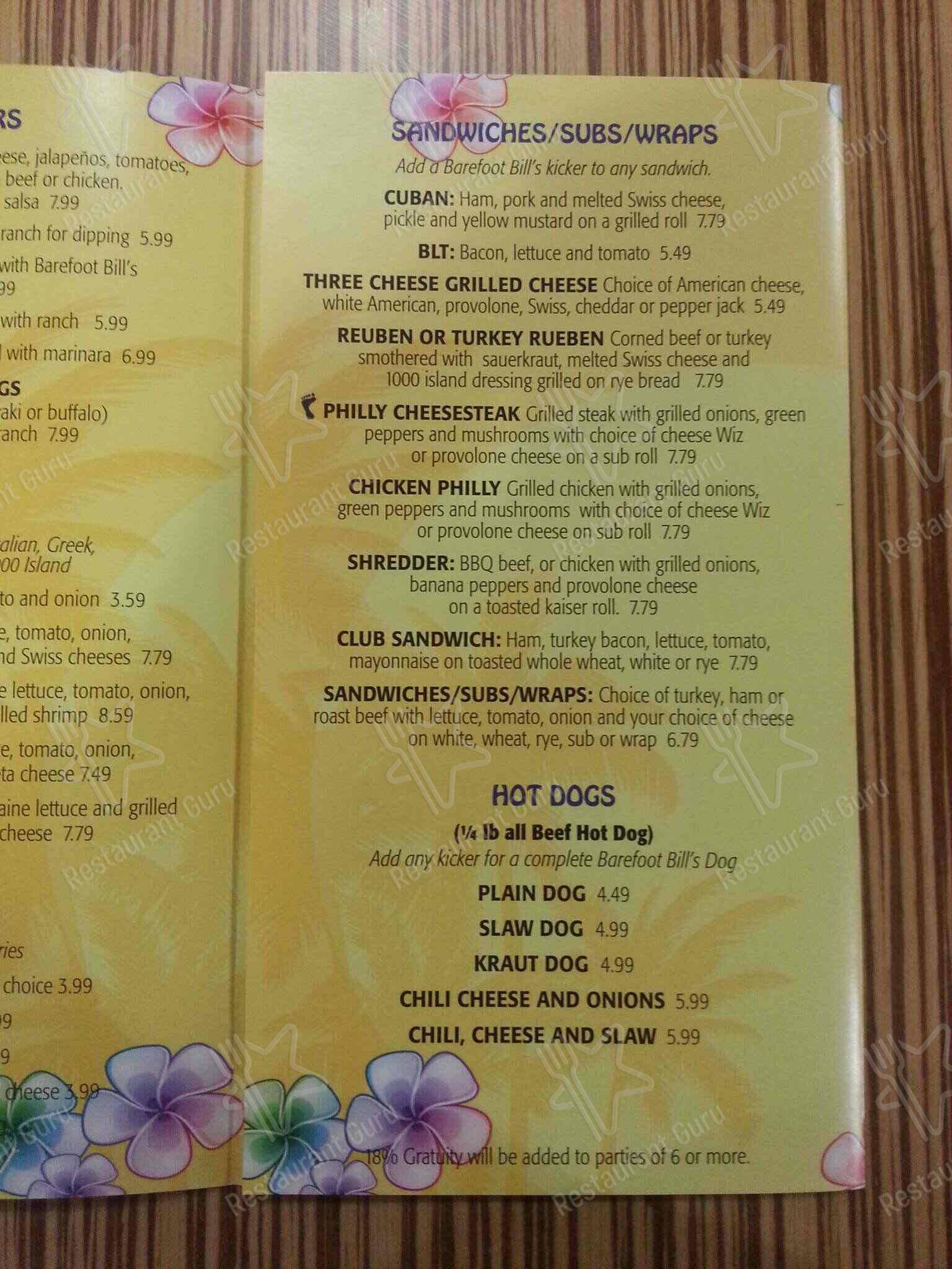 Menu at Barefoot Bill's Island Grill, St. Augustine