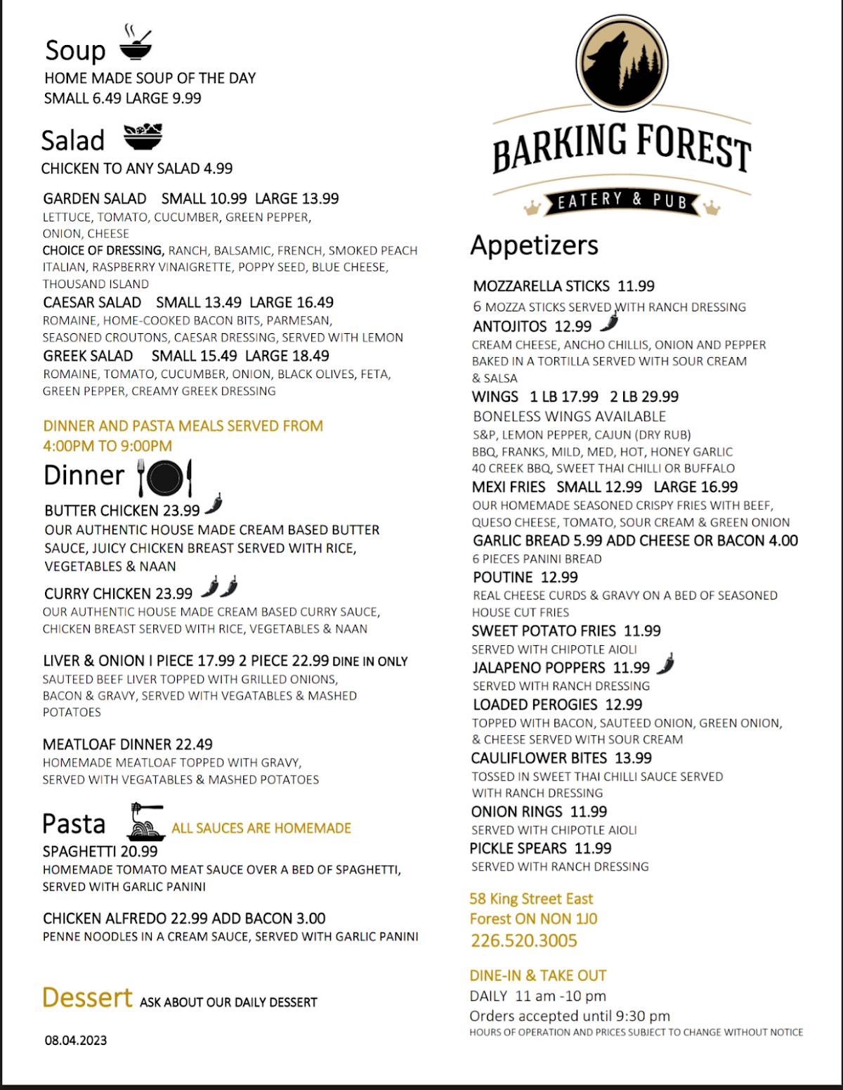 Menu at Barking Forest Eatery and Pub, Lambton Shores