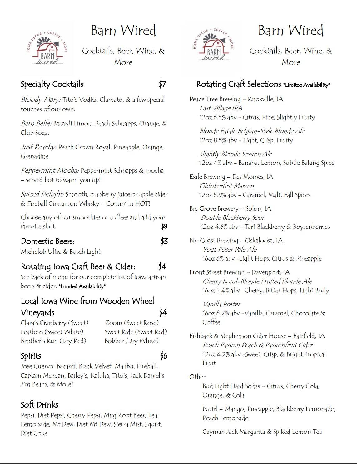 Menu at Barn Wired, Sigourney