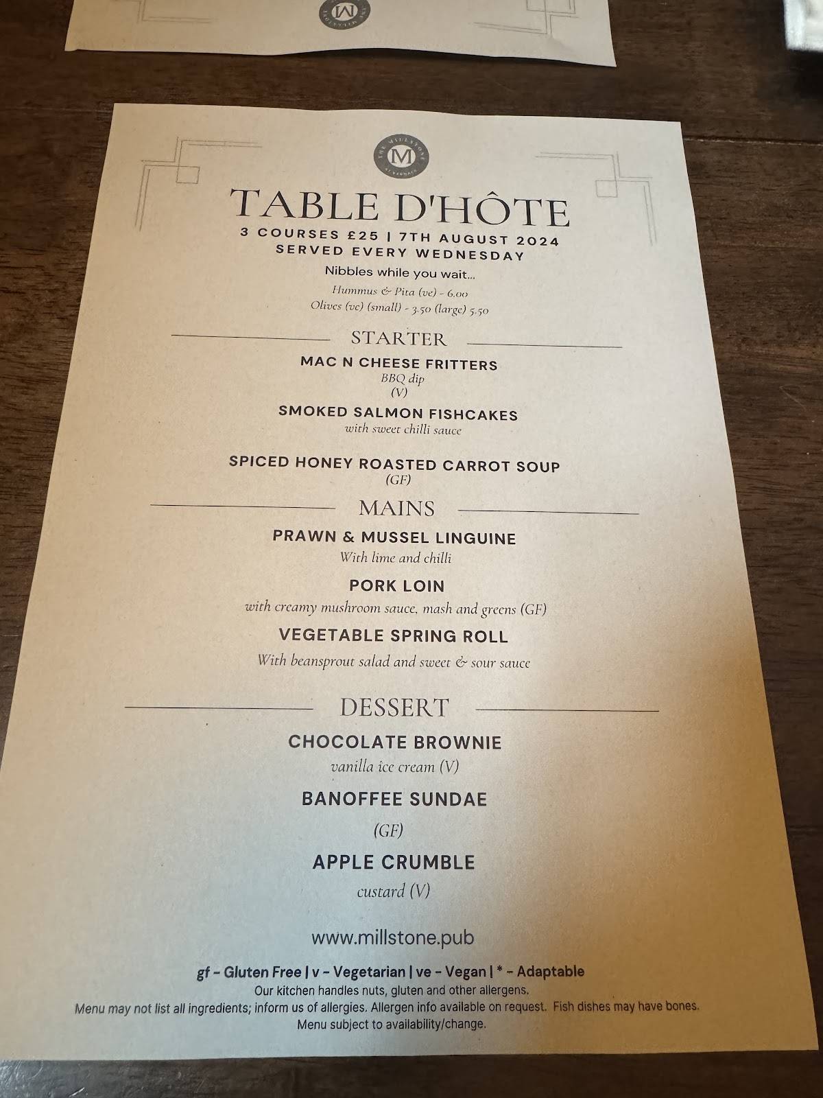 Menu at The Millstone at Barnack, Barnack, Millstone Lane