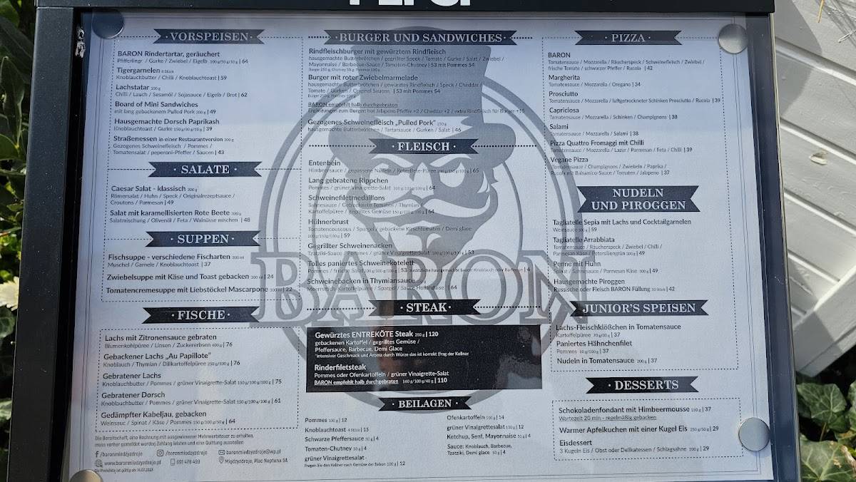 Menu at Baron Restauracja, Miedzyzdroje