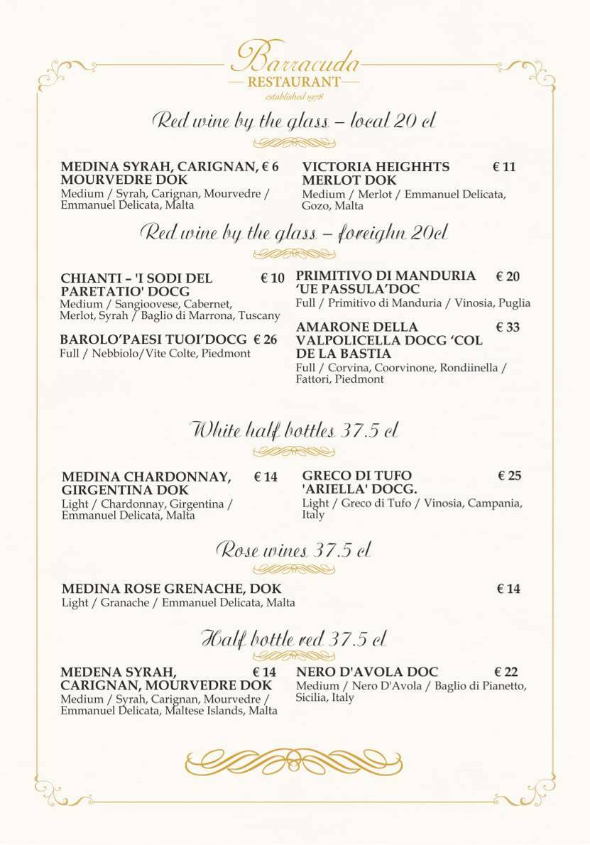 Menu at Barracuda Restaurant, Saint Julian's