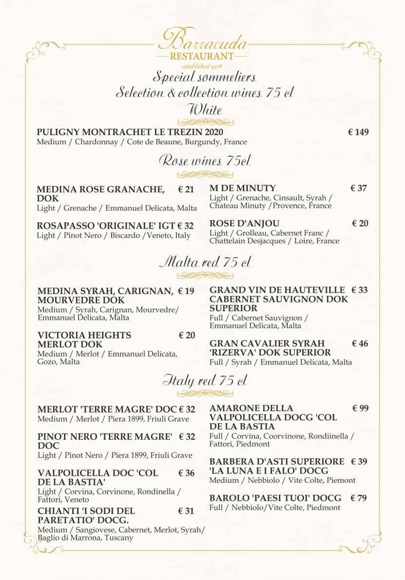 Menu at Barracuda Restaurant, Saint Julian's