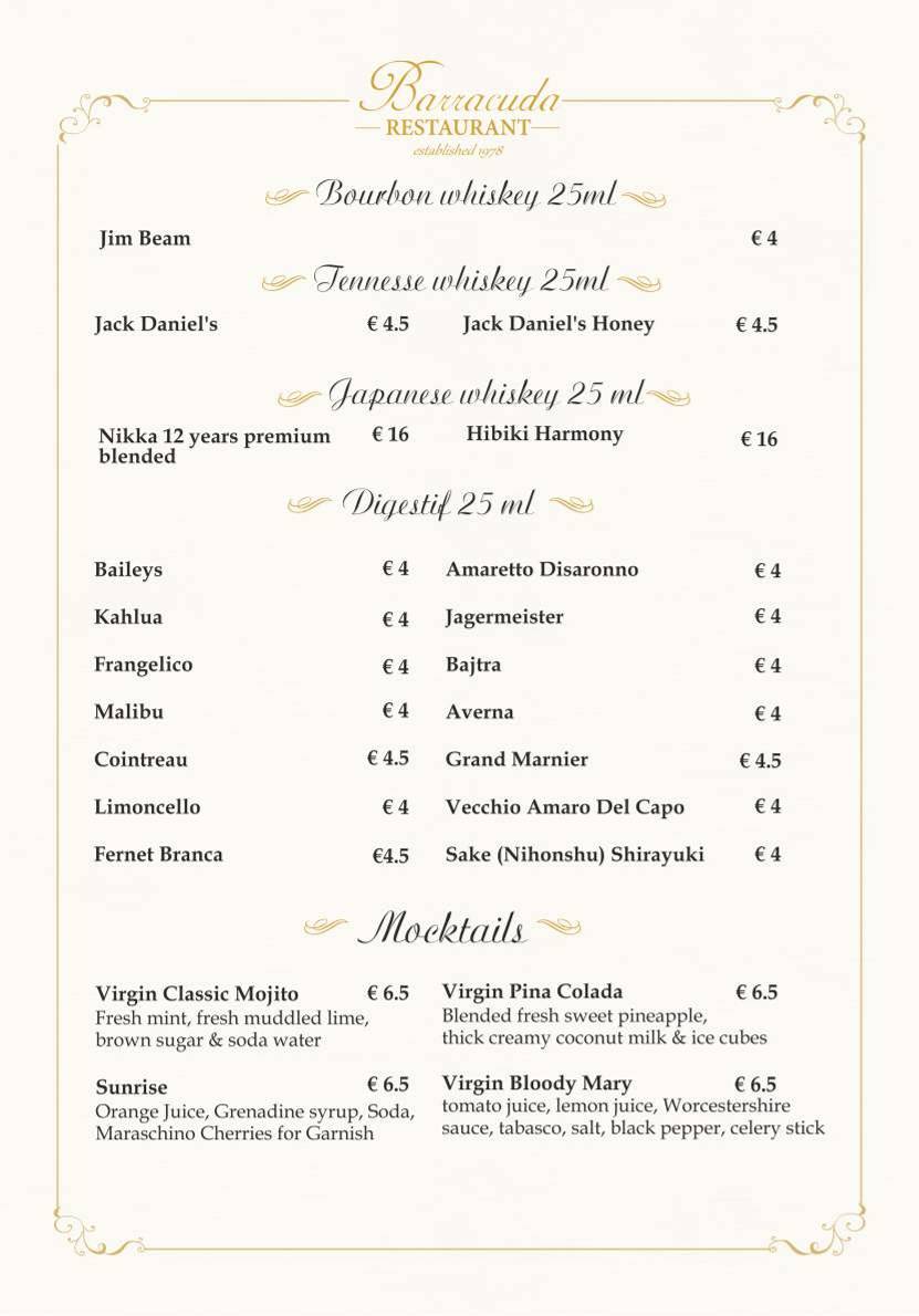 Menu at Barracuda Restaurant, Saint Julian's