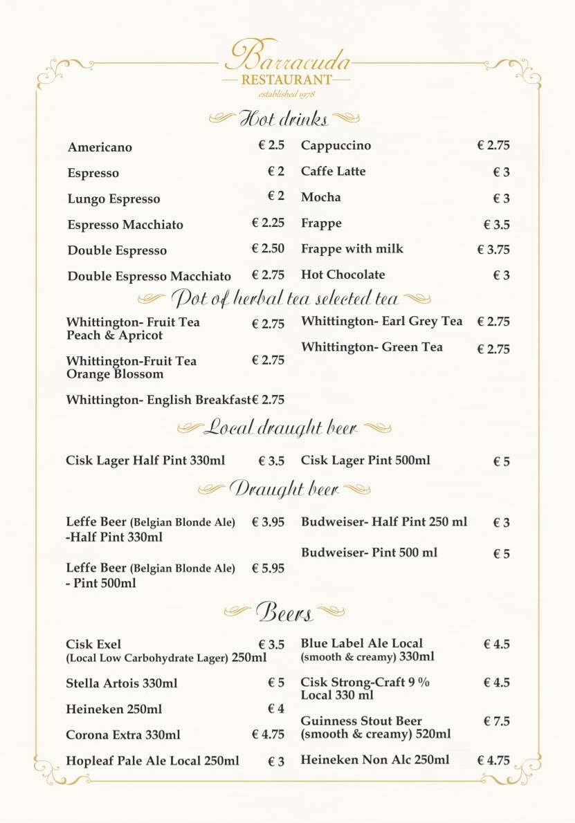 Menu at Barracuda Restaurant, Saint Julian's