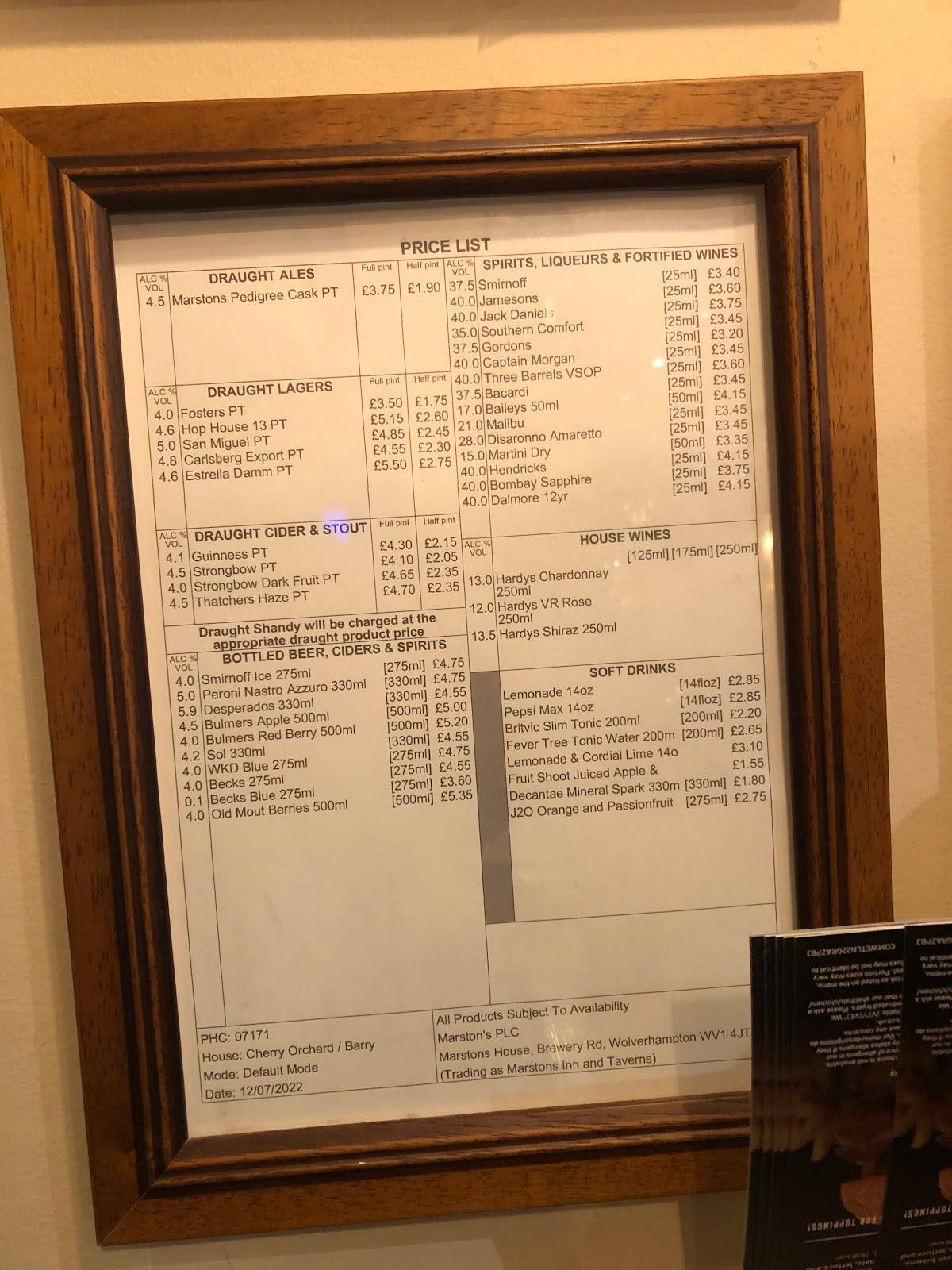 Menu at Cherry Orchard pub & bar, Barry