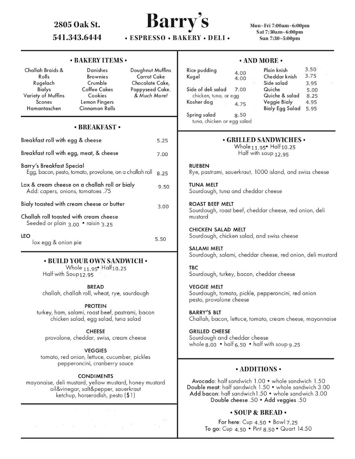 Menu at Barry's Espresso Bakery & Deli, Eugene, Oak St