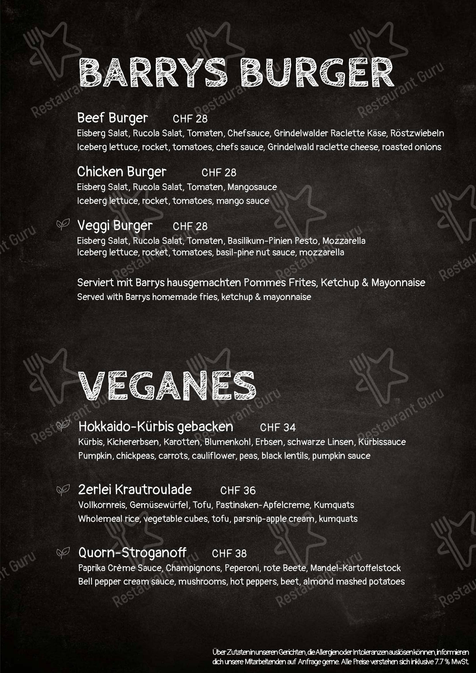 Menu at Barrys Restaurant, Bar & Lounge, Grindelwald, Dorfstrasse 133