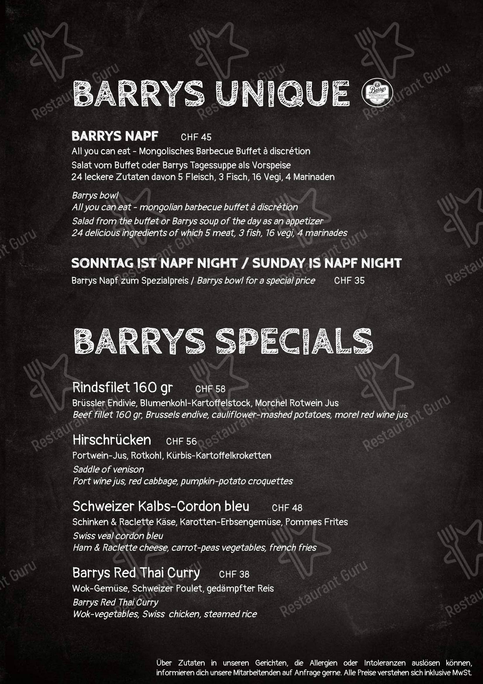 Menu at Barrys Restaurant, Bar & Lounge, Grindelwald, Dorfstrasse 133