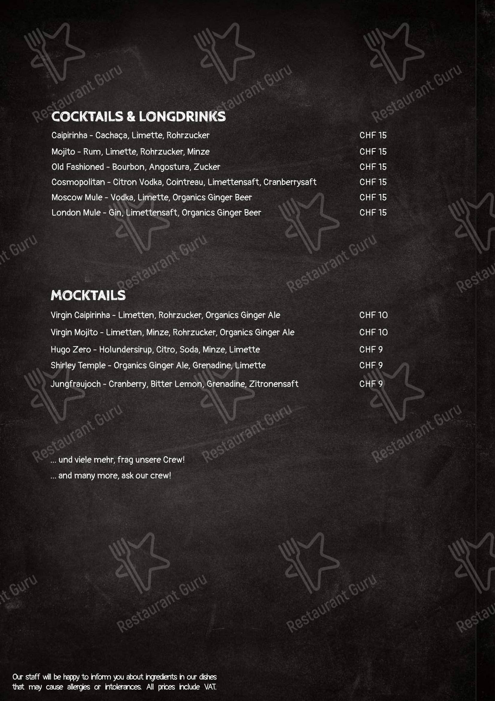 Menu at Barrys Restaurant, Bar & Lounge, Grindelwald, Dorfstrasse 133