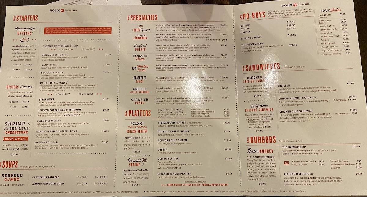 Menu at Roux 61 Seafood & Grill restaurant, Baton Rouge