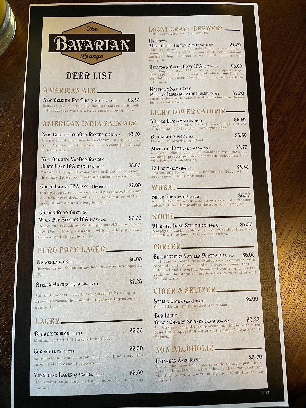 Menu at Bavarian Lounge pub & bar, Seven Springs