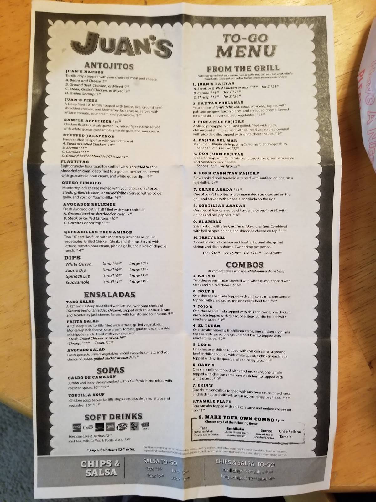 Menu at Juan Tequilas 4 restaurant, Waveland