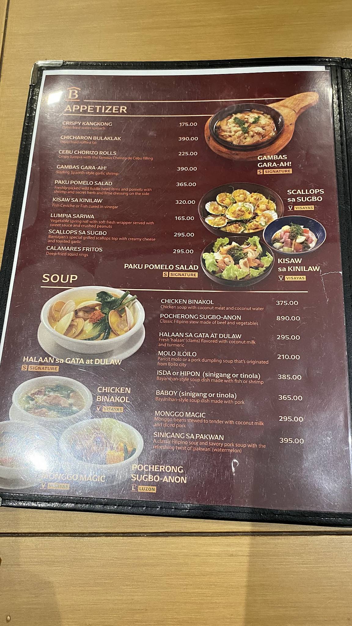 Menu at Bayanihan Native Cuisine restaurant, Cebu City