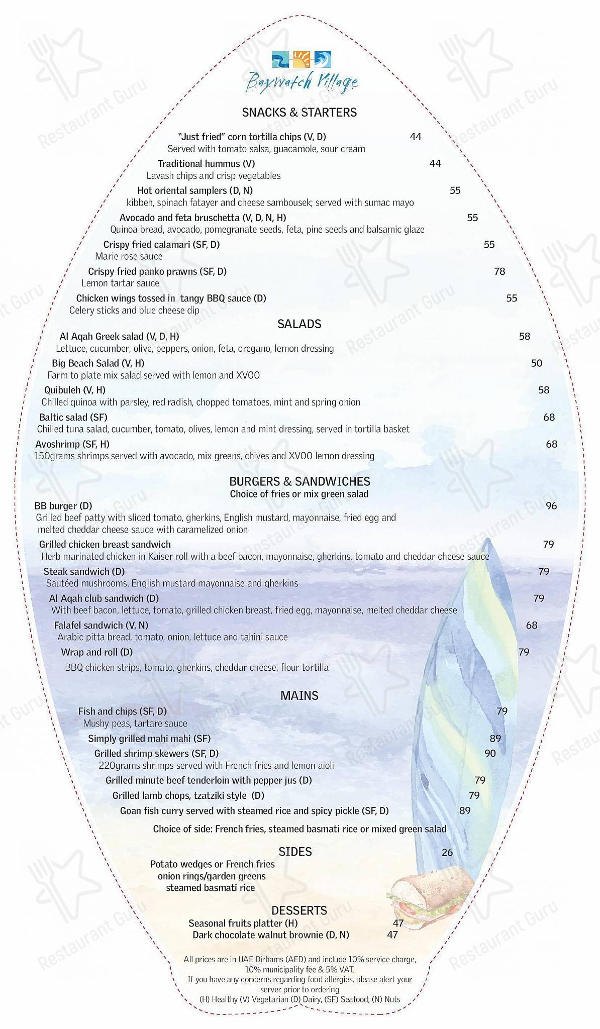 Carta de Baywatch Beach Bar, Al Aqah