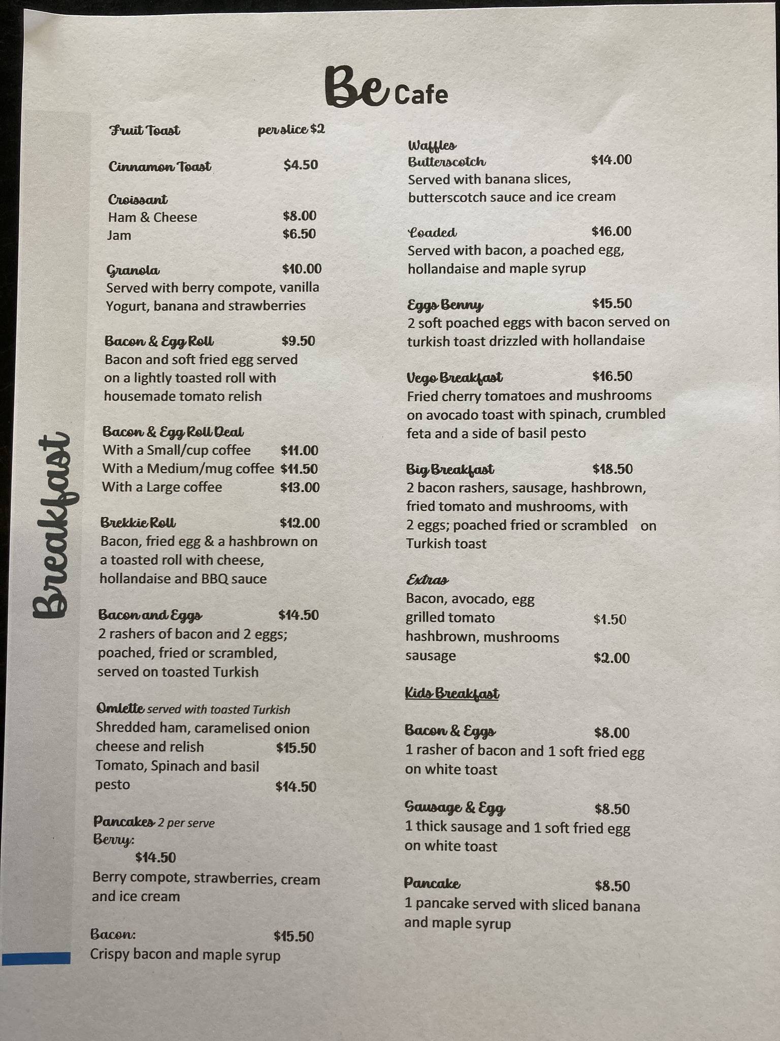 Menu at Be Cafe, Parkes