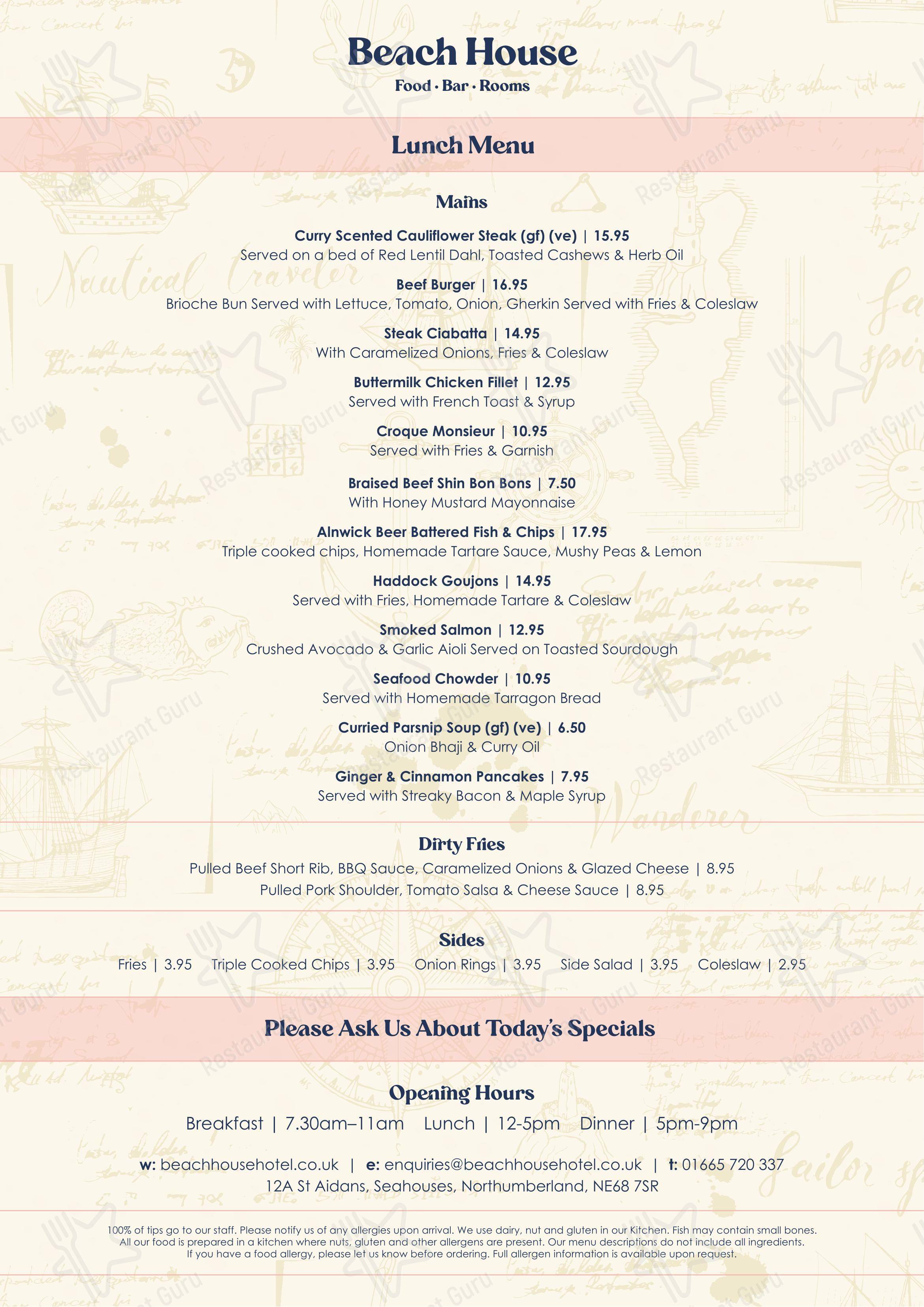 Menu at Beach House, Seahouses