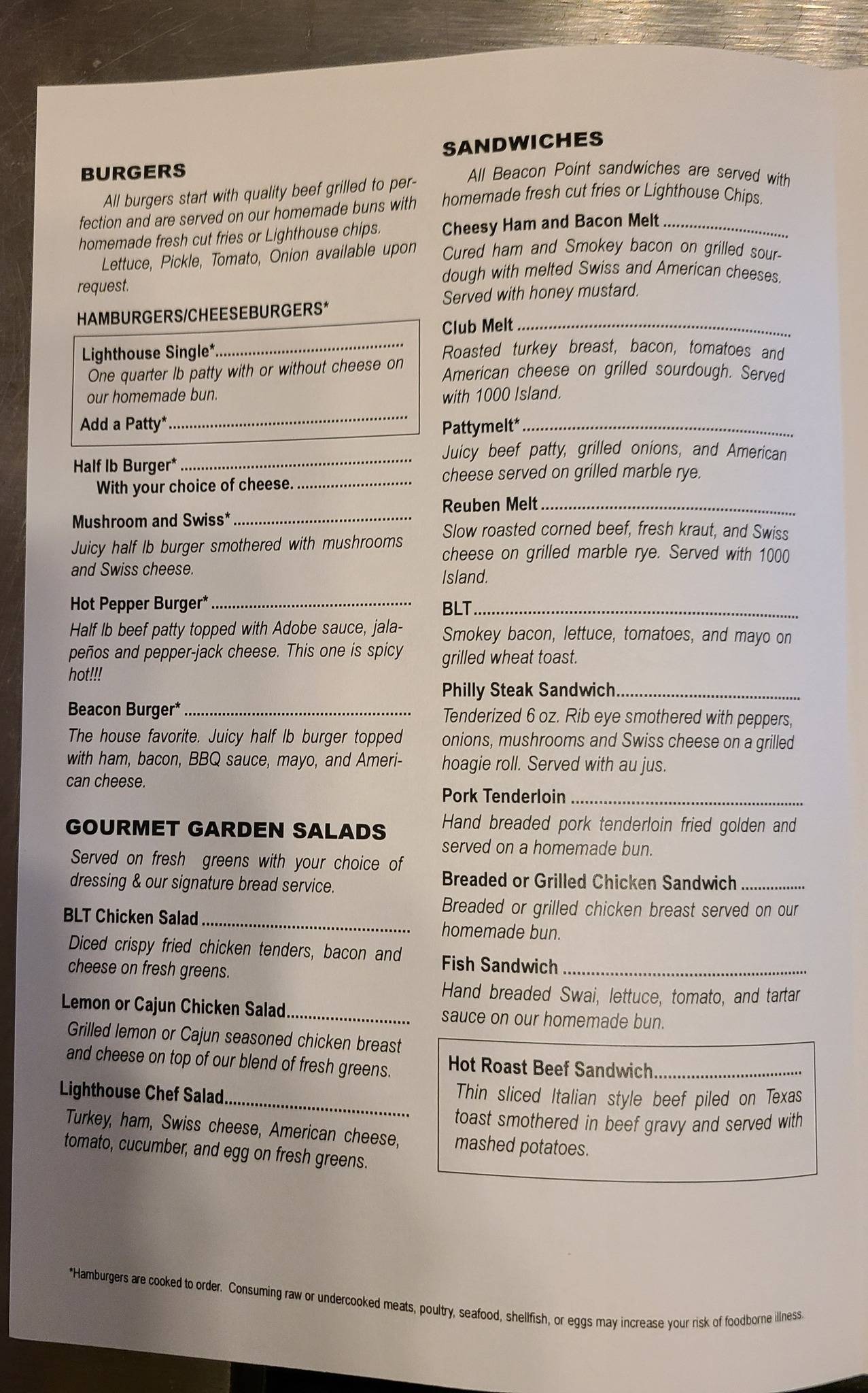 Menu at Beacon Point Restaurant, Lakeview
