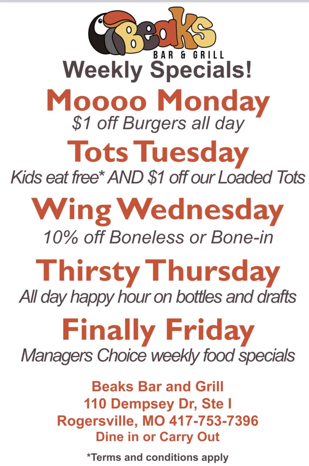 Menu at Beaks Bar & Grill, Rogersville