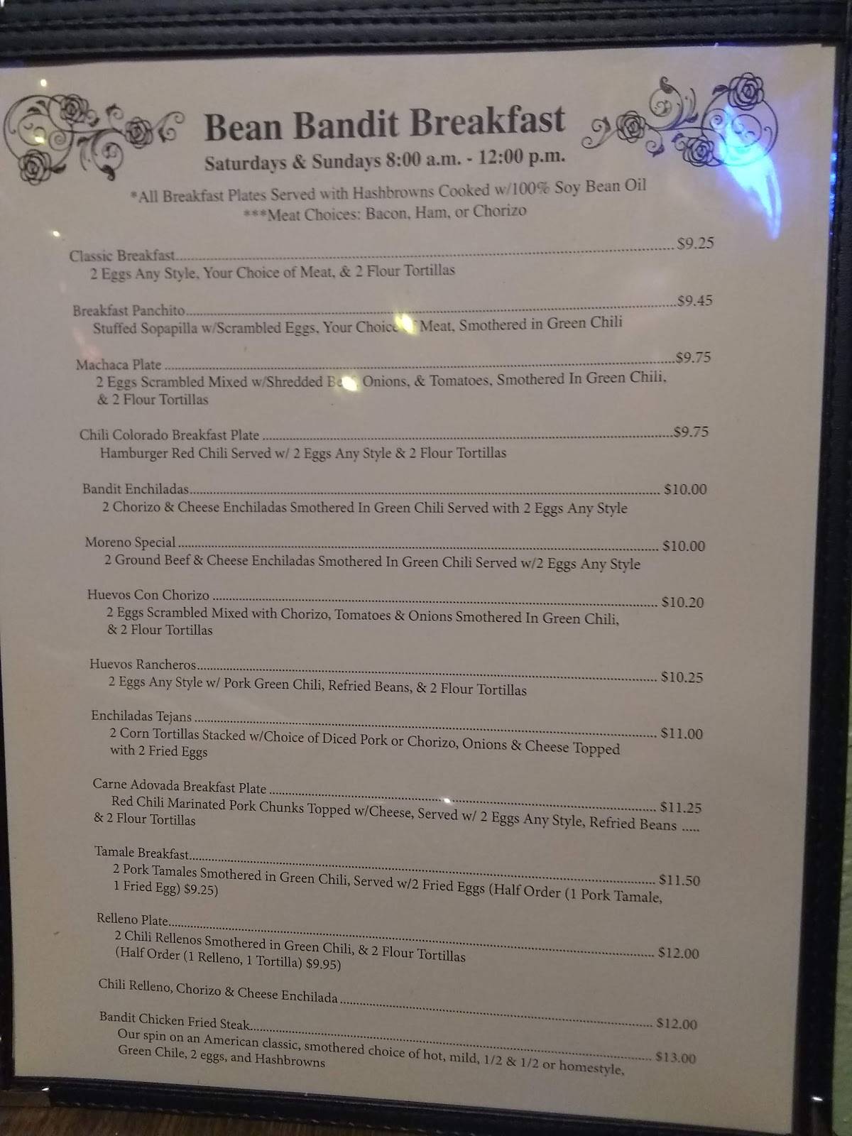 Menu at Bean Bandit Mexican Restaurant, Colorado Springs, 320 N Circle Dr
