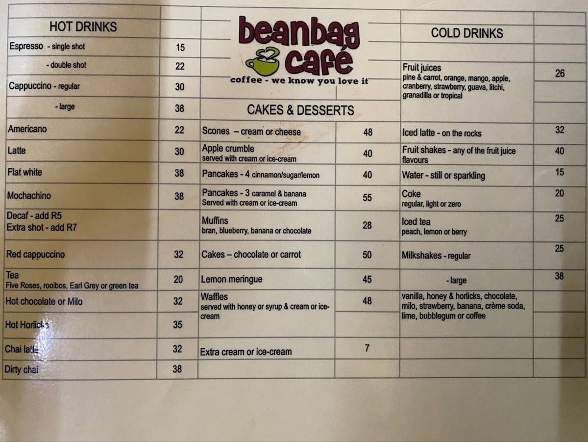 Menu at Beanbag Café cafe, Pietermaritzburg