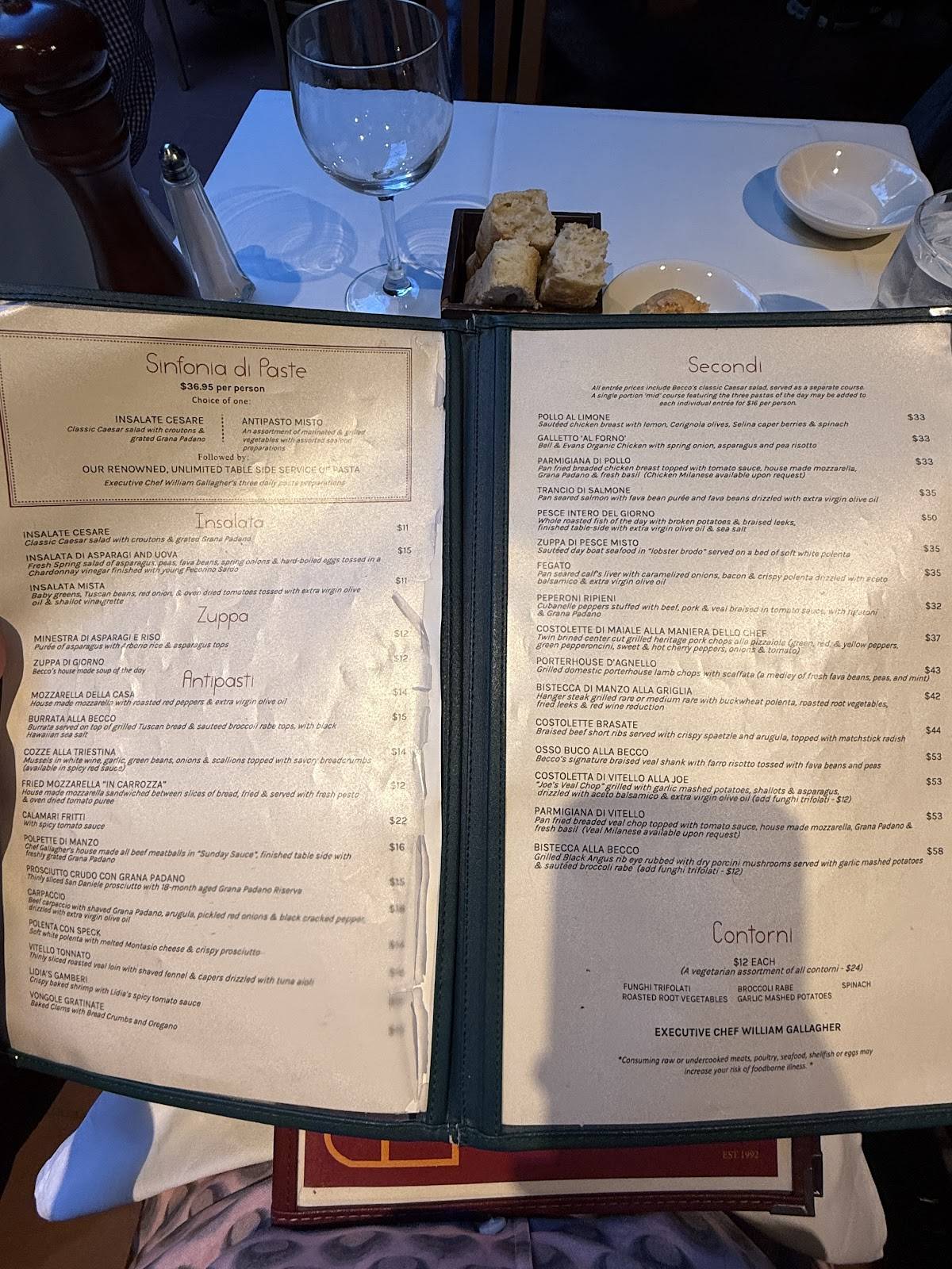 Menu at Becco restaurant, New York City