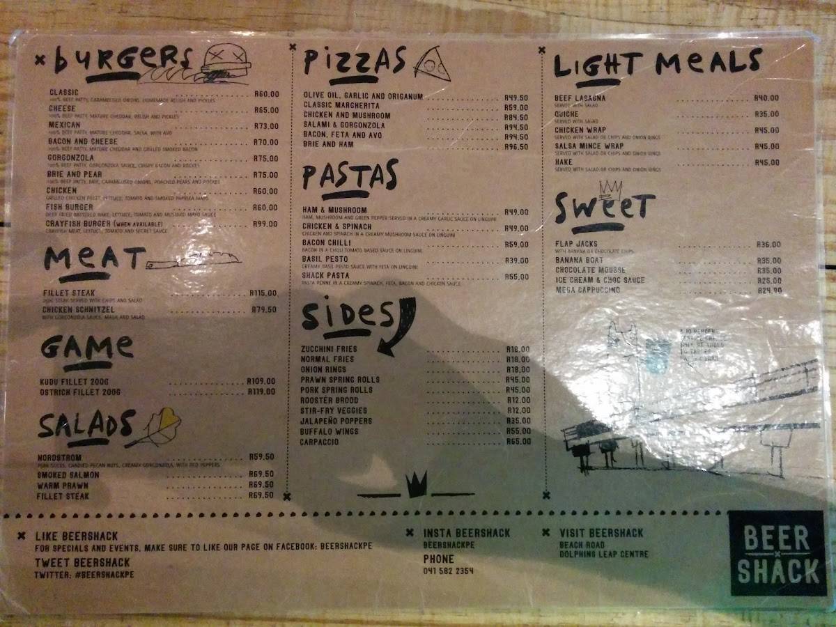 Menu at BeerShack pub & bar, Port Elizabeth, Dolphin's Leap