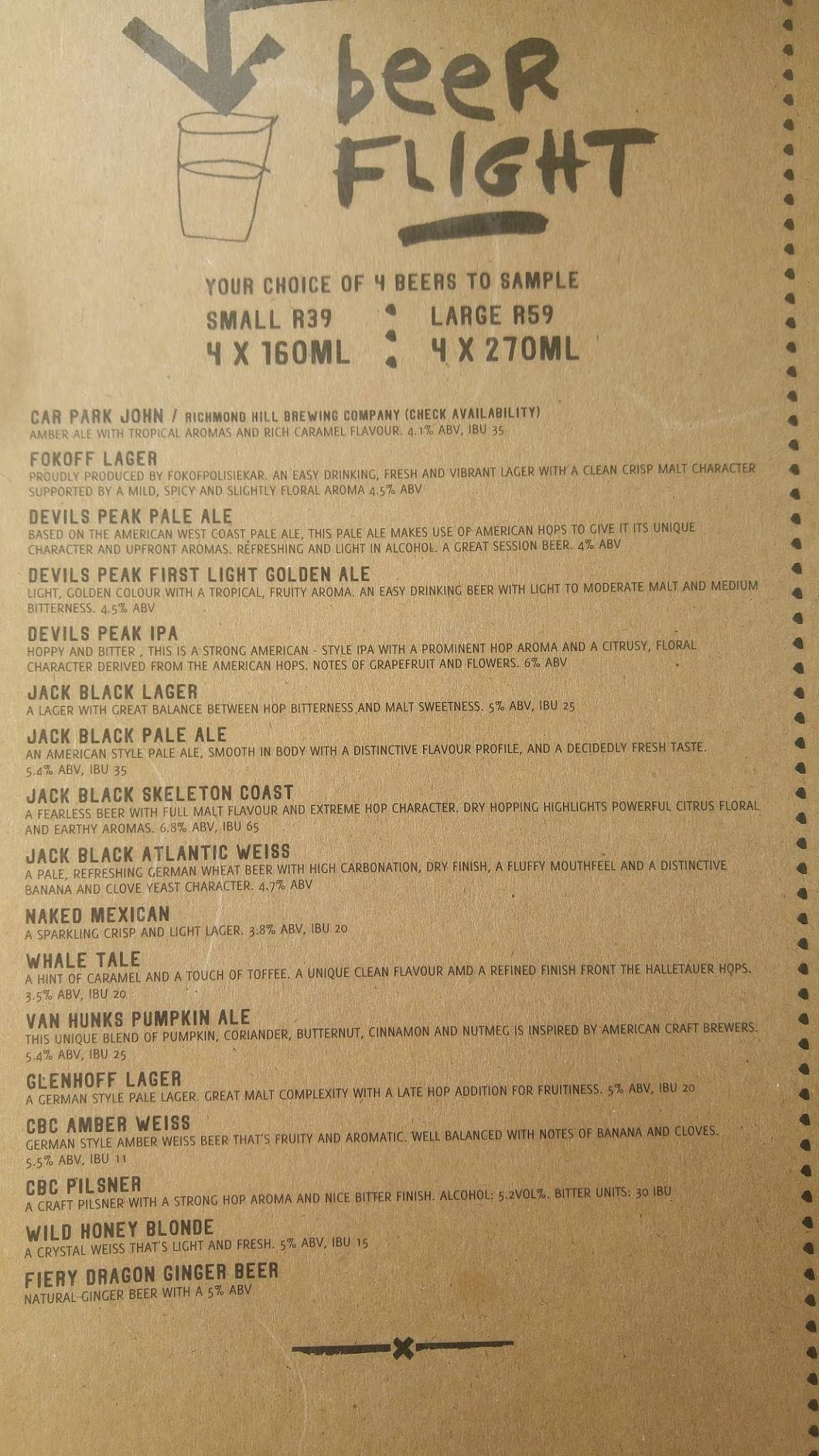 Menu at BeerShack pub & bar, Port Elizabeth, Dolphin's Leap