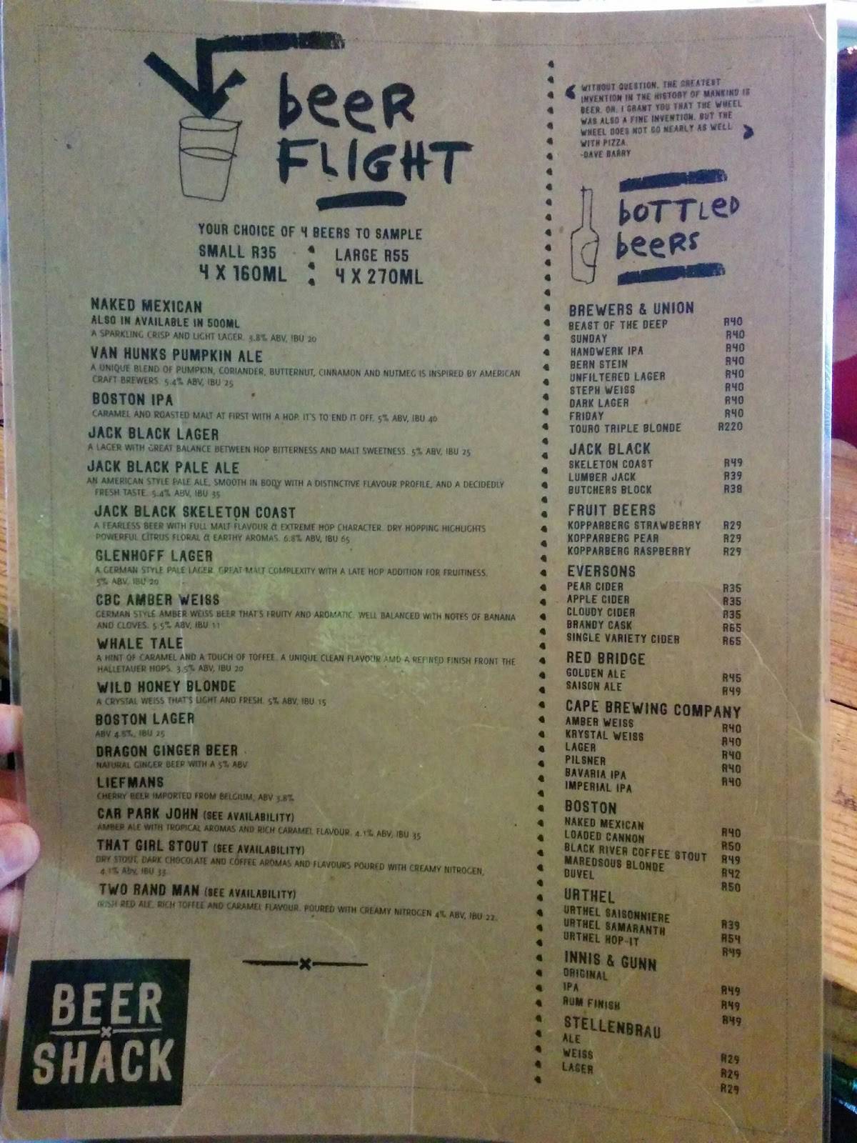 Menu at BeerShack pub & bar, Port Elizabeth, Dolphin's Leap