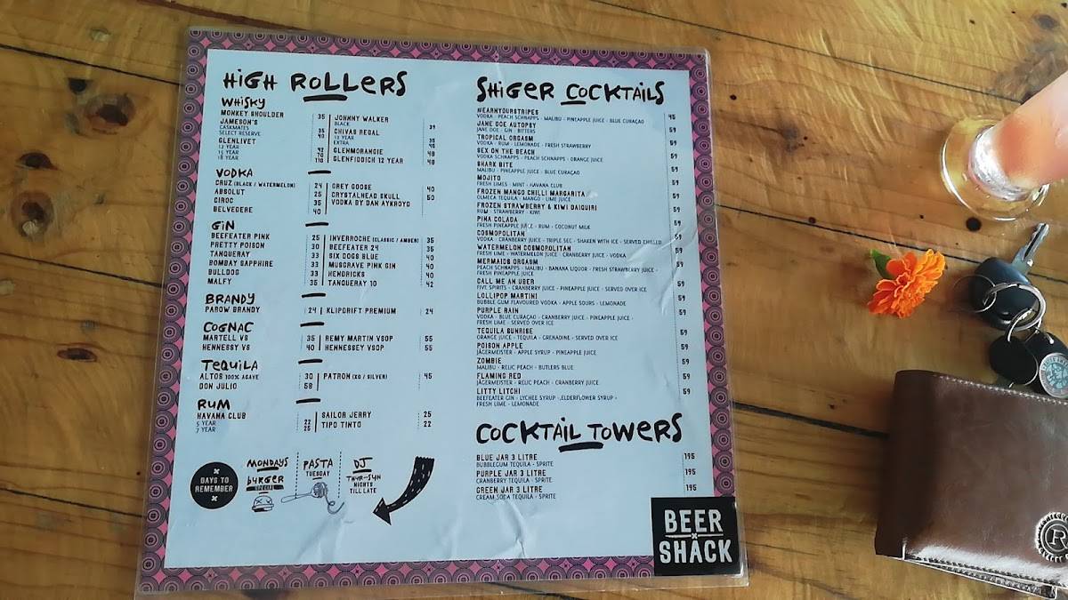 Menu at BeerShack pub & bar, Port Elizabeth, Dolphin's Leap