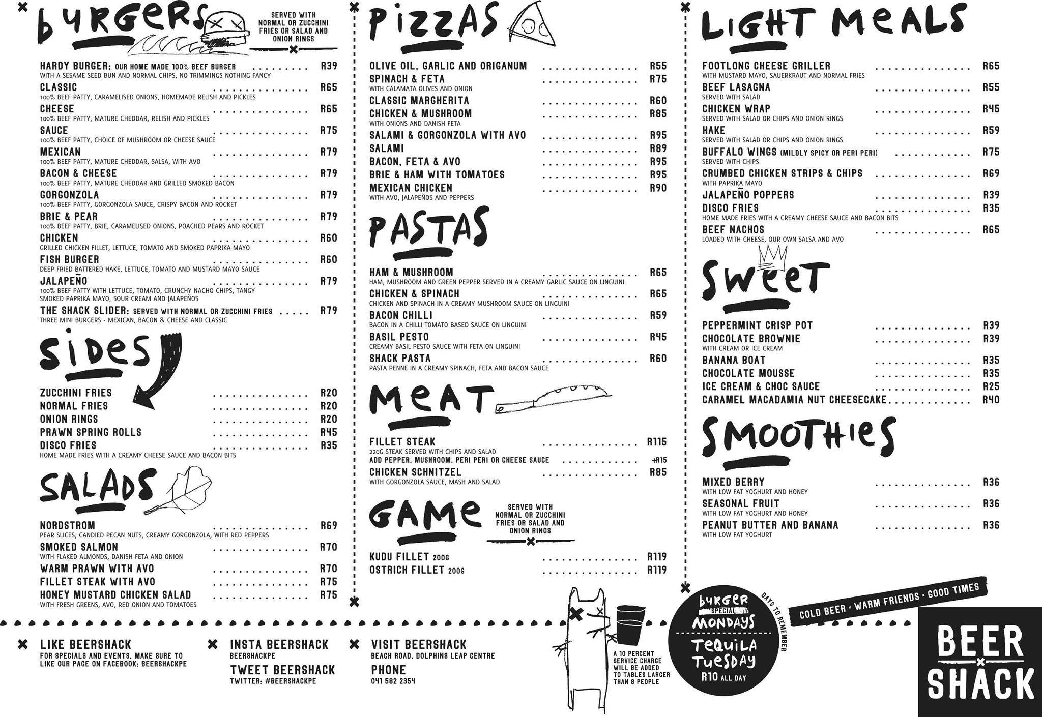 Menu at BeerShack pub & bar, Port Elizabeth, Dolphin's Leap