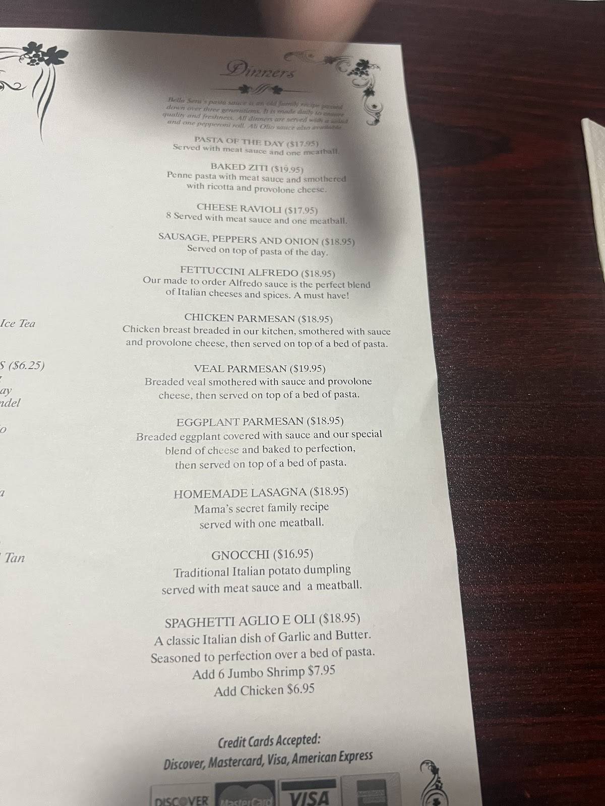 Menu at Bella Sera Ristorante pizzeria, Massillon