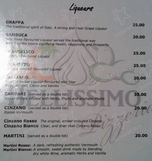 Menu at Bellissimo restaurant, Johannesburg
