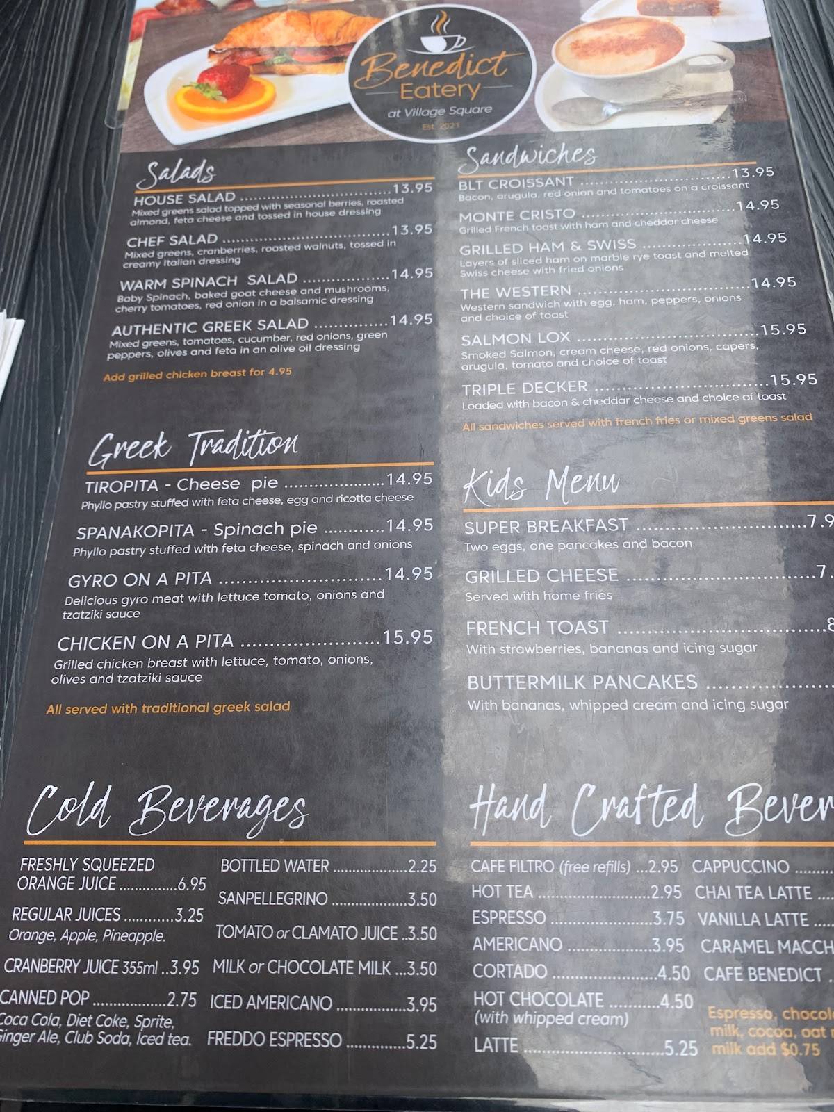 Menu at Benedict Eatery restaurant, Burlington