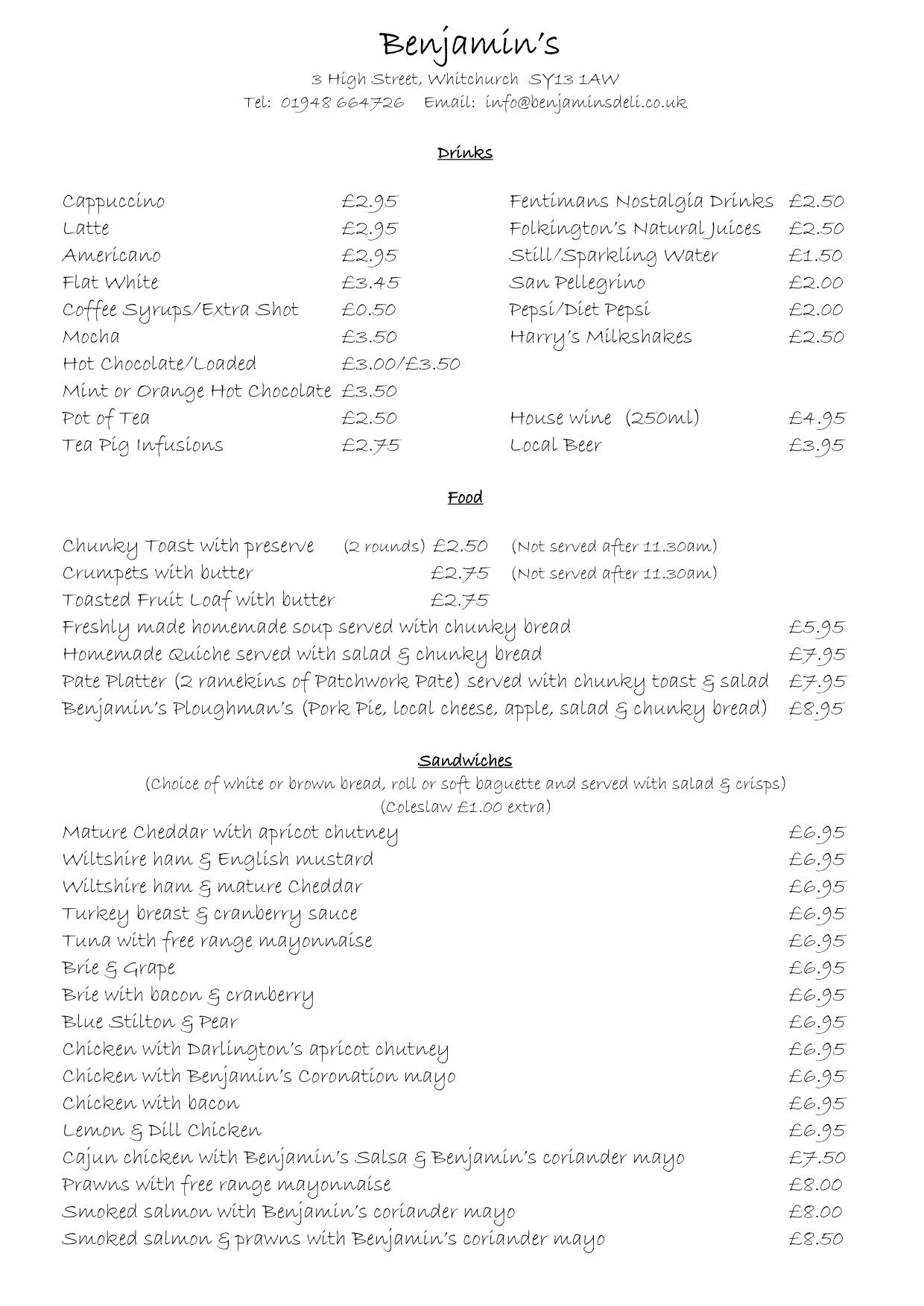 Menu at Benjamin's Deli & Cafe, Whitchurch