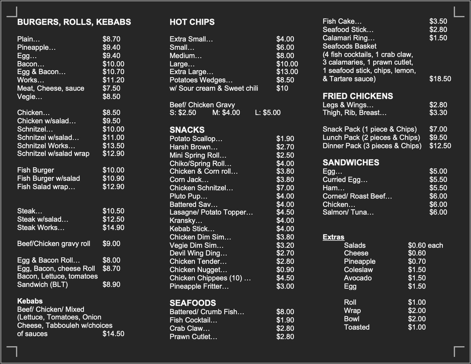 Menu at Benson's Hospital Shop / The Takeaway restaurant, Muswellbrook