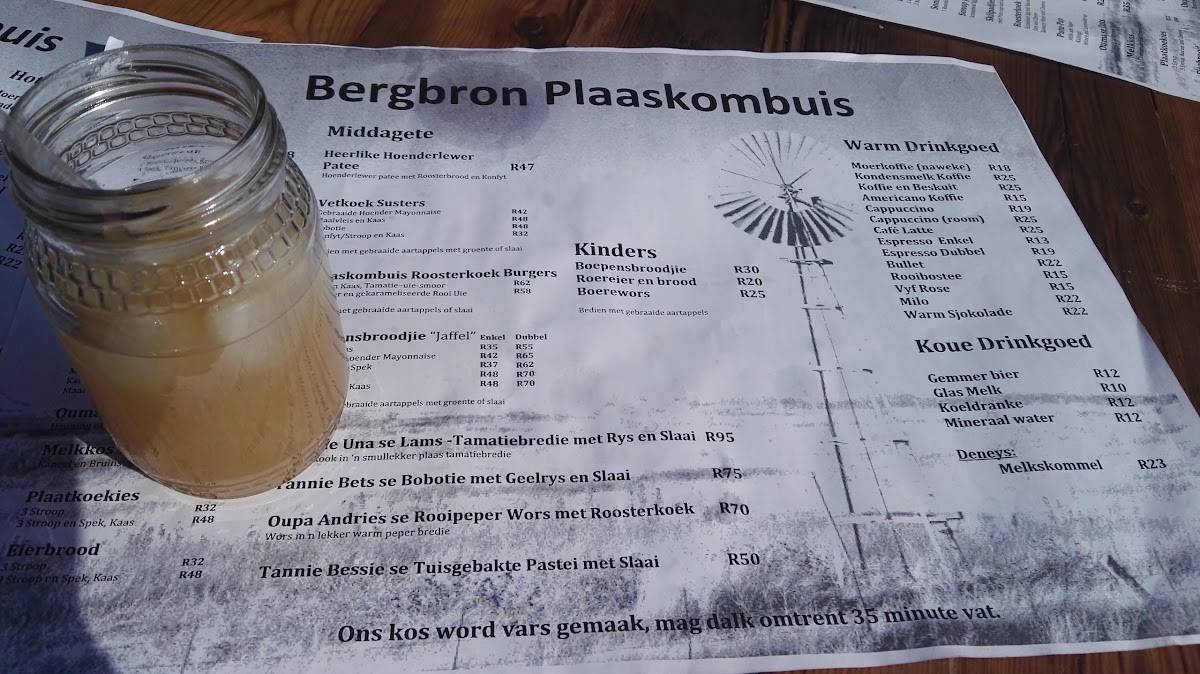 Menu at Bergbron Plaaskombuis en Padstal restaurant, Johannesburg