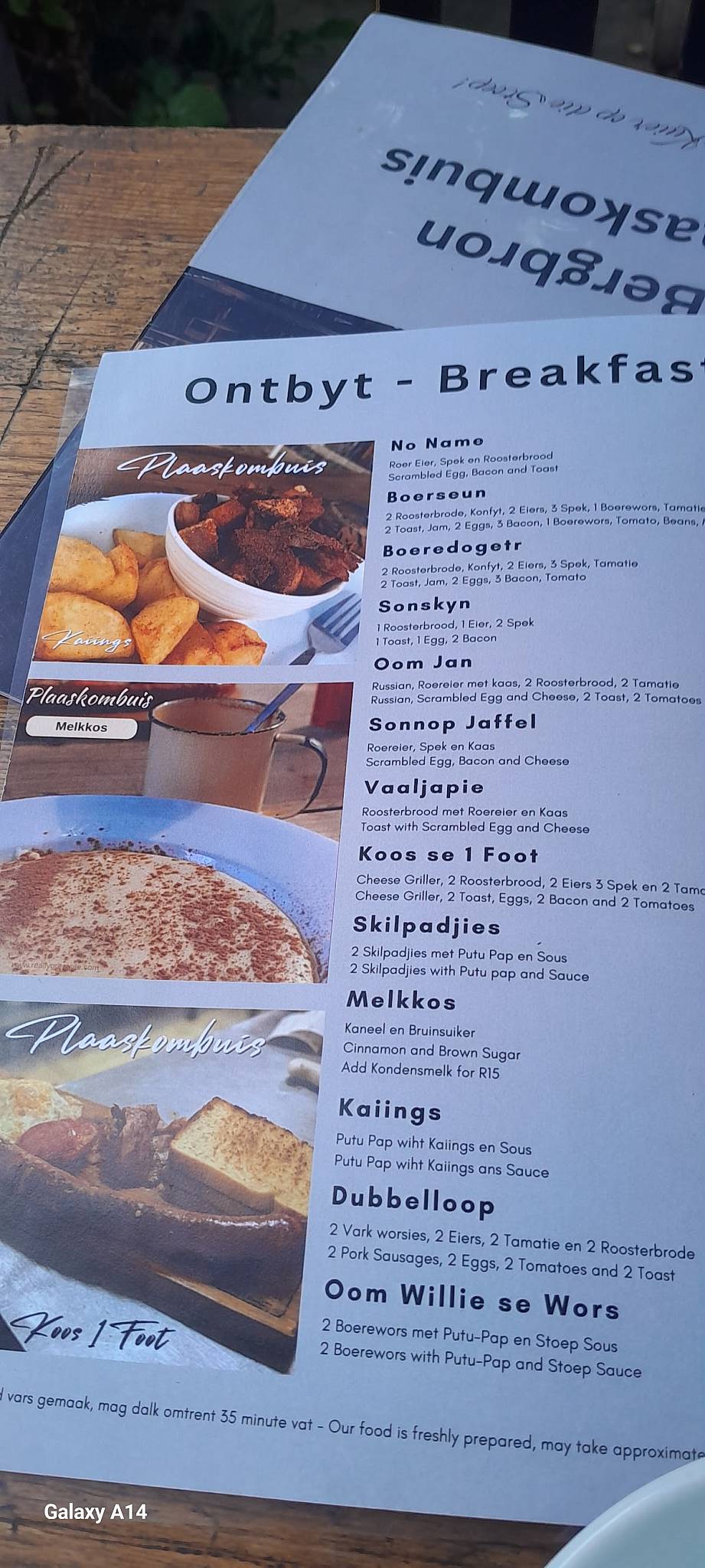 Menu au Bergbron Plaaskombuis en Padstal restaurant, Johannesburg