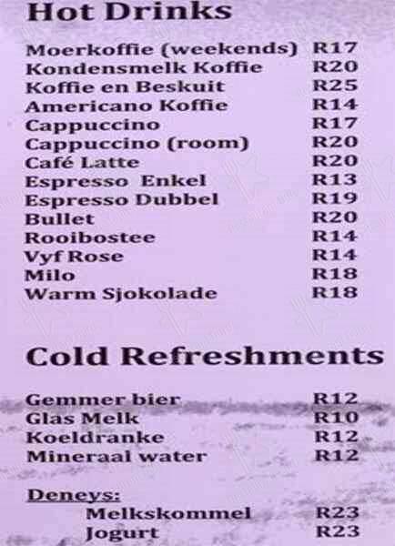 Menu at Bergbron Plaaskombuis en Padstal restaurant, Johannesburg