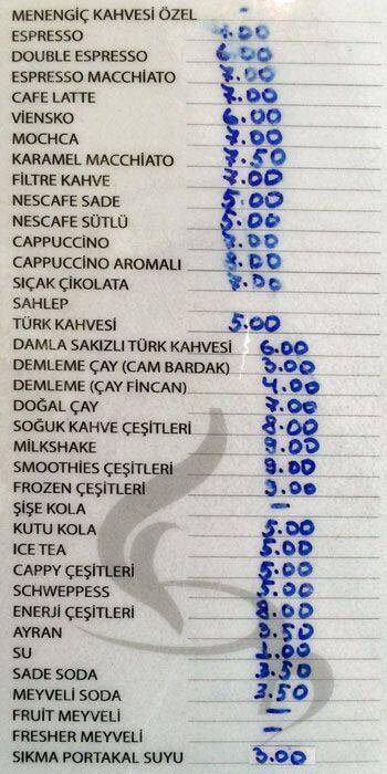 Menu at Bermuda Cafe, Istanbul