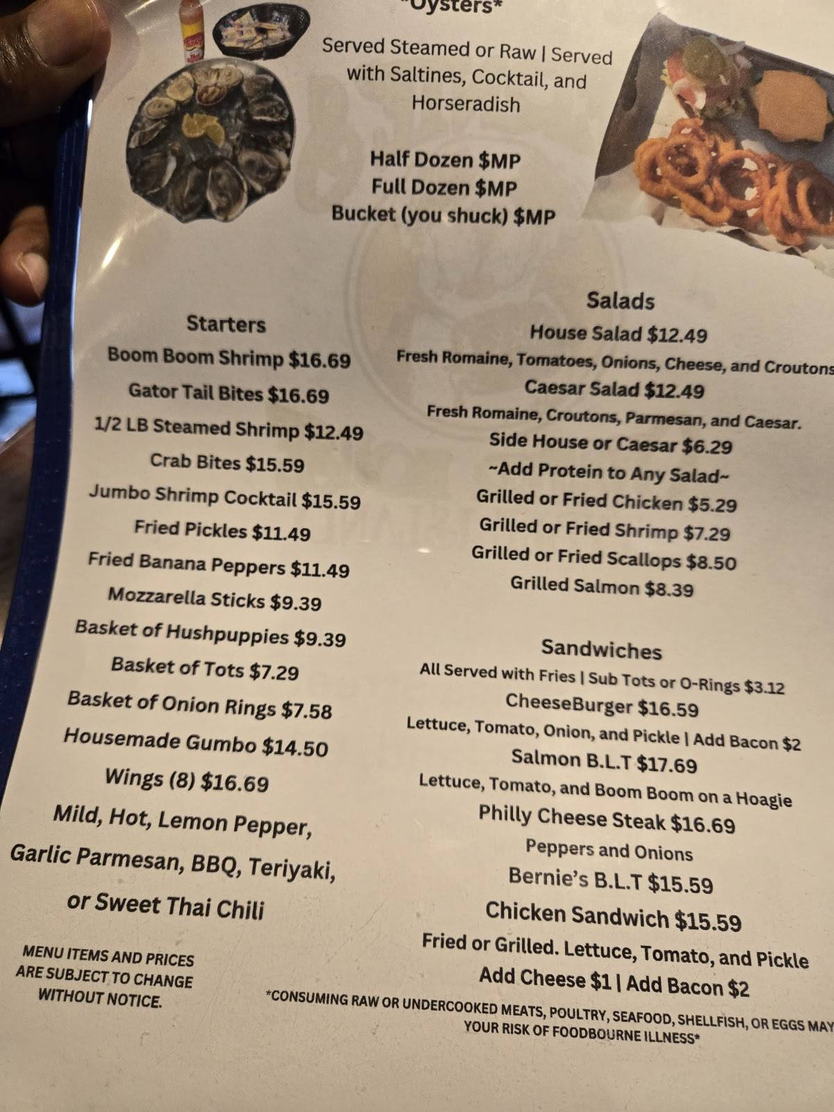 Menu at Bernie's Oyster House Tybee Island pub & bar, Tybee Island