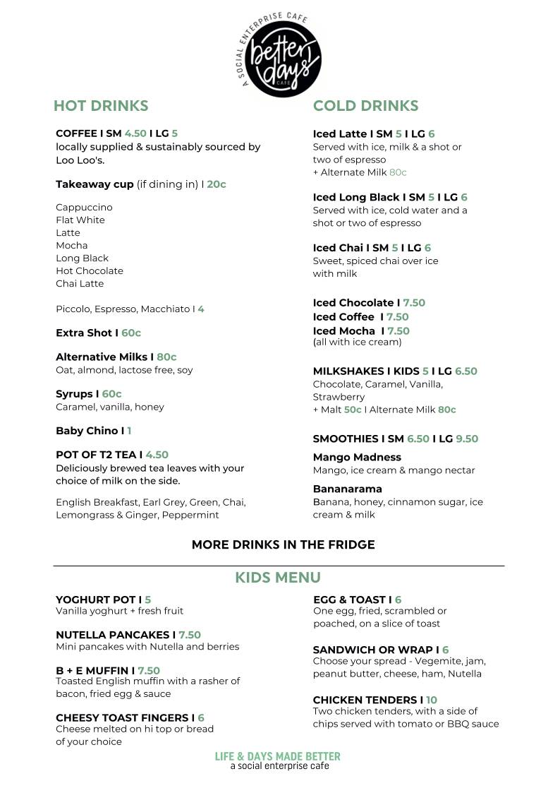 Menu at Better Days Cafe, Killarney Vale