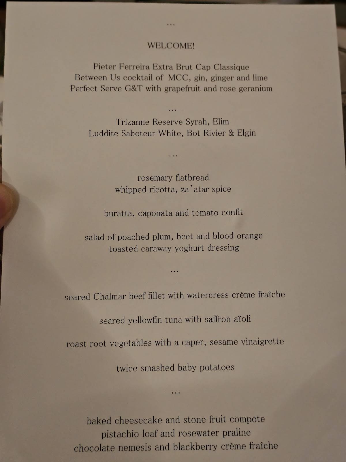 Menu at Between Us restaurant, Cape Town